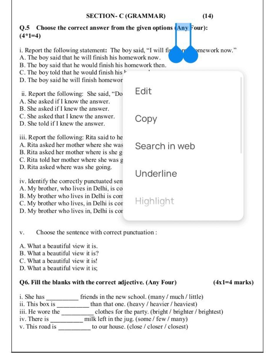 SECTION- C (GRAMMAR) Q.5 Choose the correct answer from the given options..