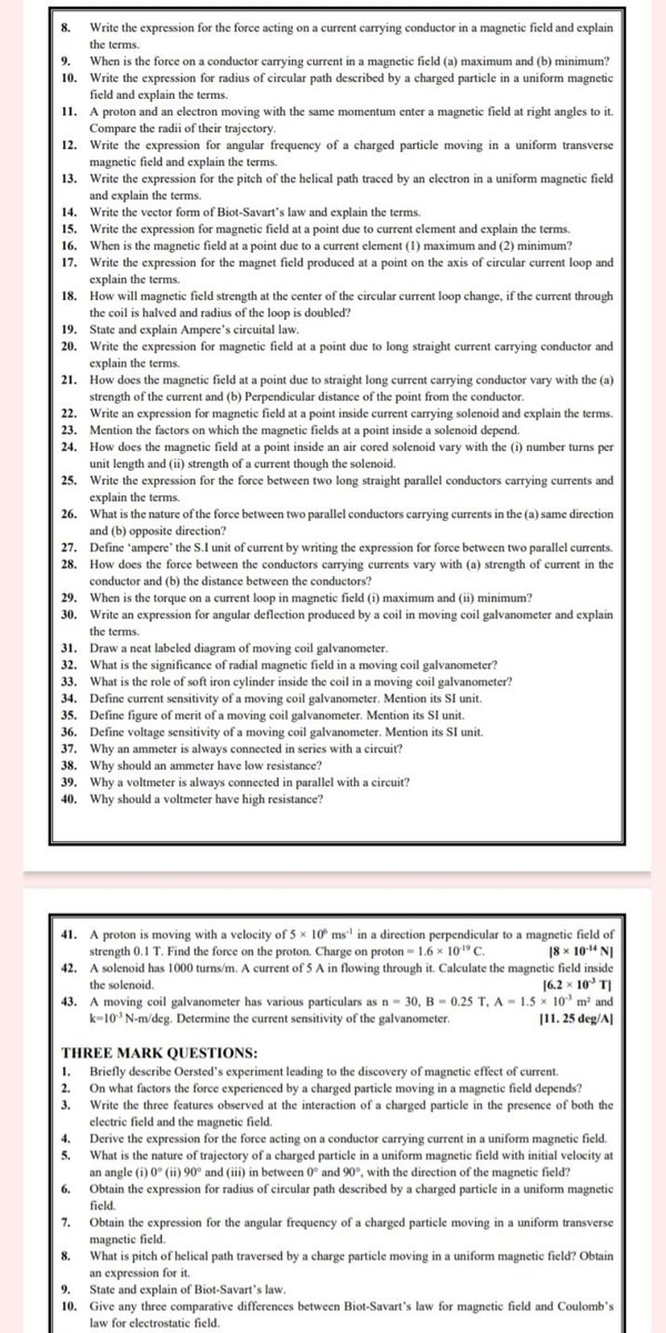 Here are several questions related to magnetism and moving coil galvanome..