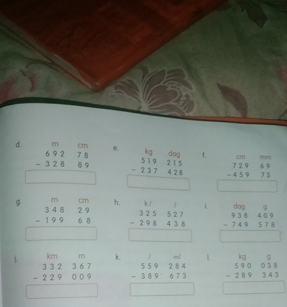 Solve the following subtraction problems involving different units of mea..