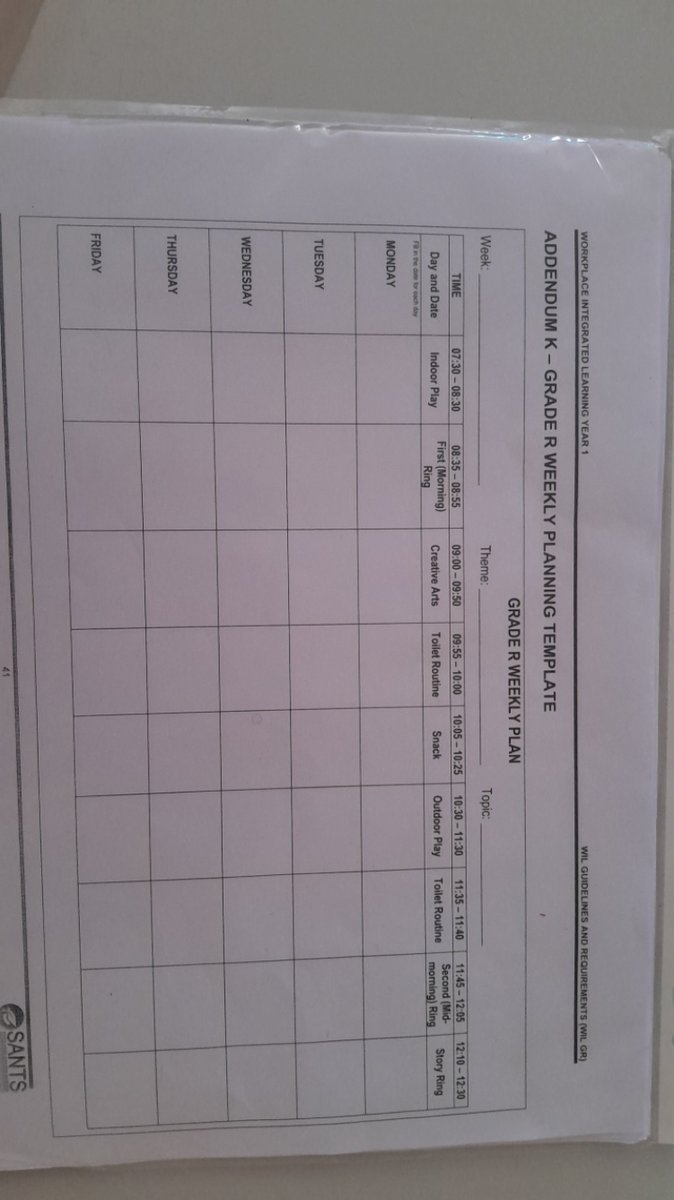 The provided image shows a template for a "GRADE R WEEKLY PLANNING TEMPLA..