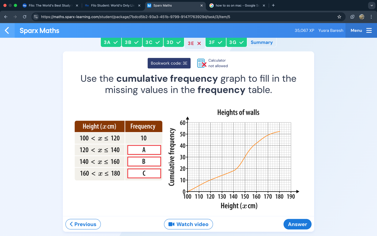 Use the cumulative frequency graph to fill in the missing values in the f..