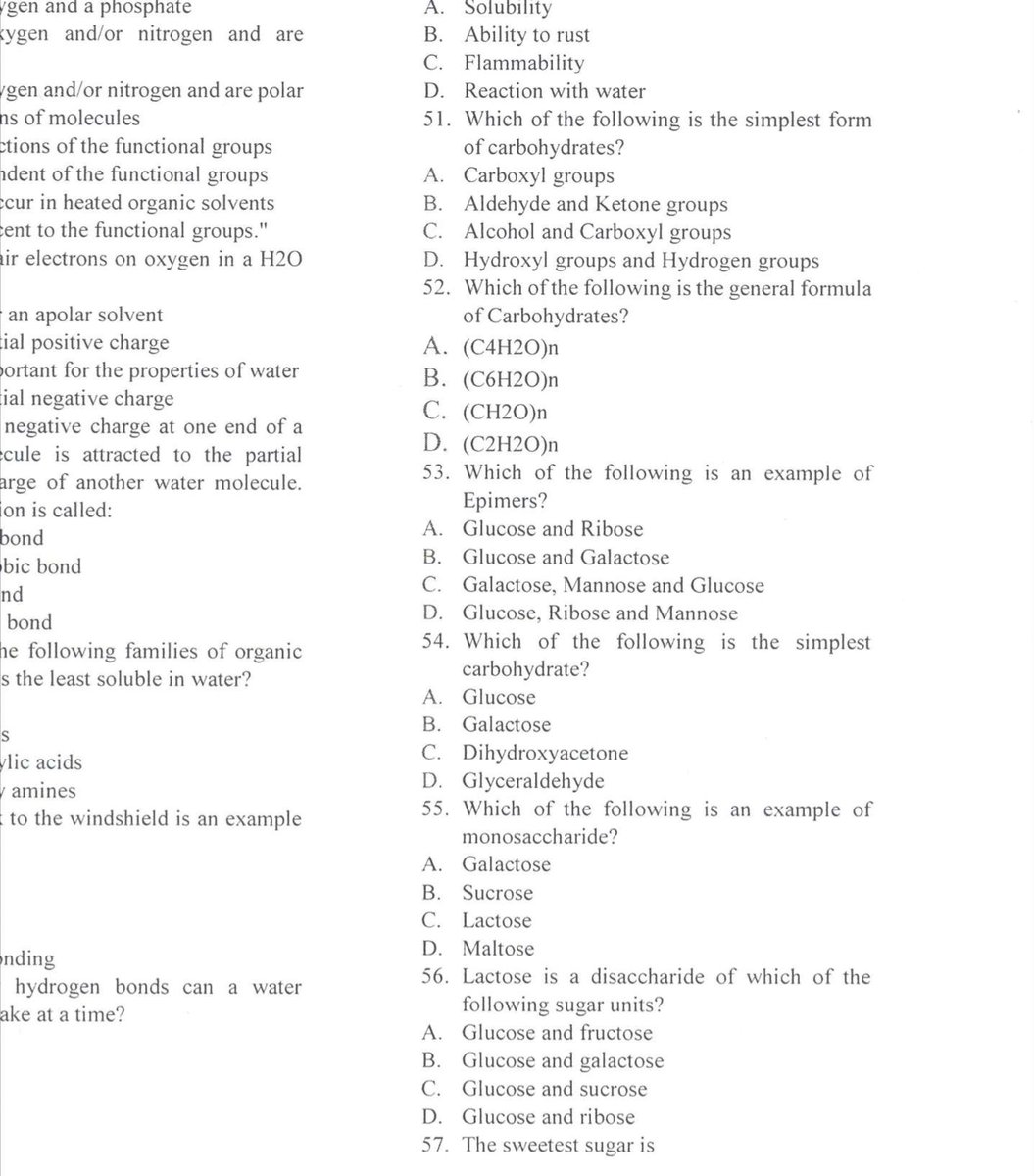 51. Which of the following describes the simplest form of carbohydrates?