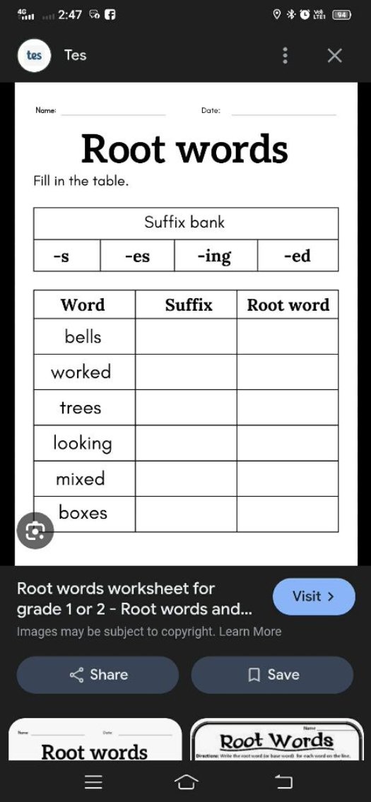 Fill in the table. Suffix bank -s, -es, -ing, -ed | Word | Suffix
