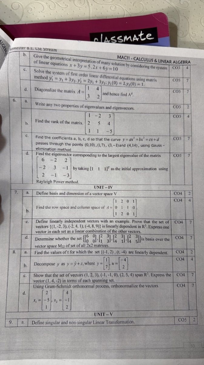 Here are some questions from a Calculus & Linear Algebra exam: MAC11 - C..