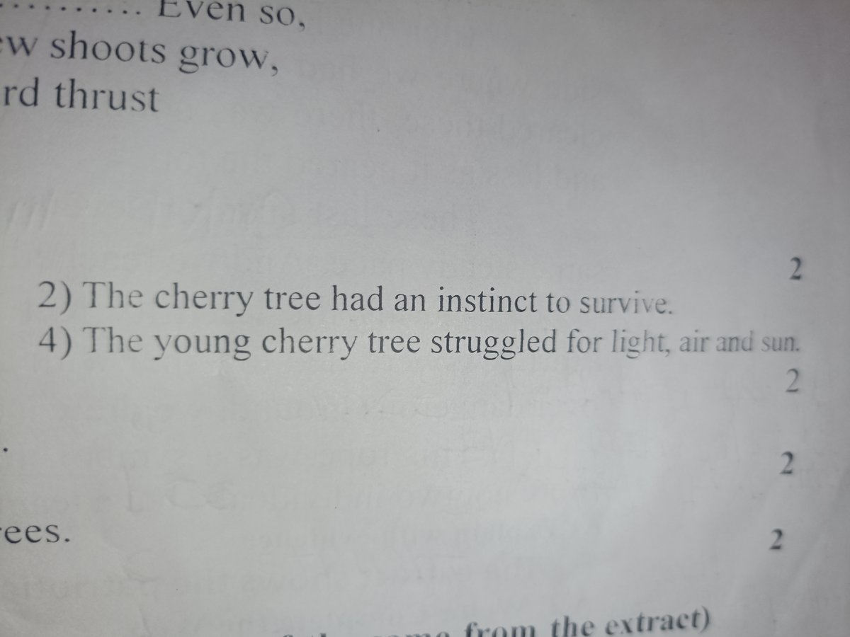 2) The cherry tree had an instinct to survive. 4) The young cherry tree s..