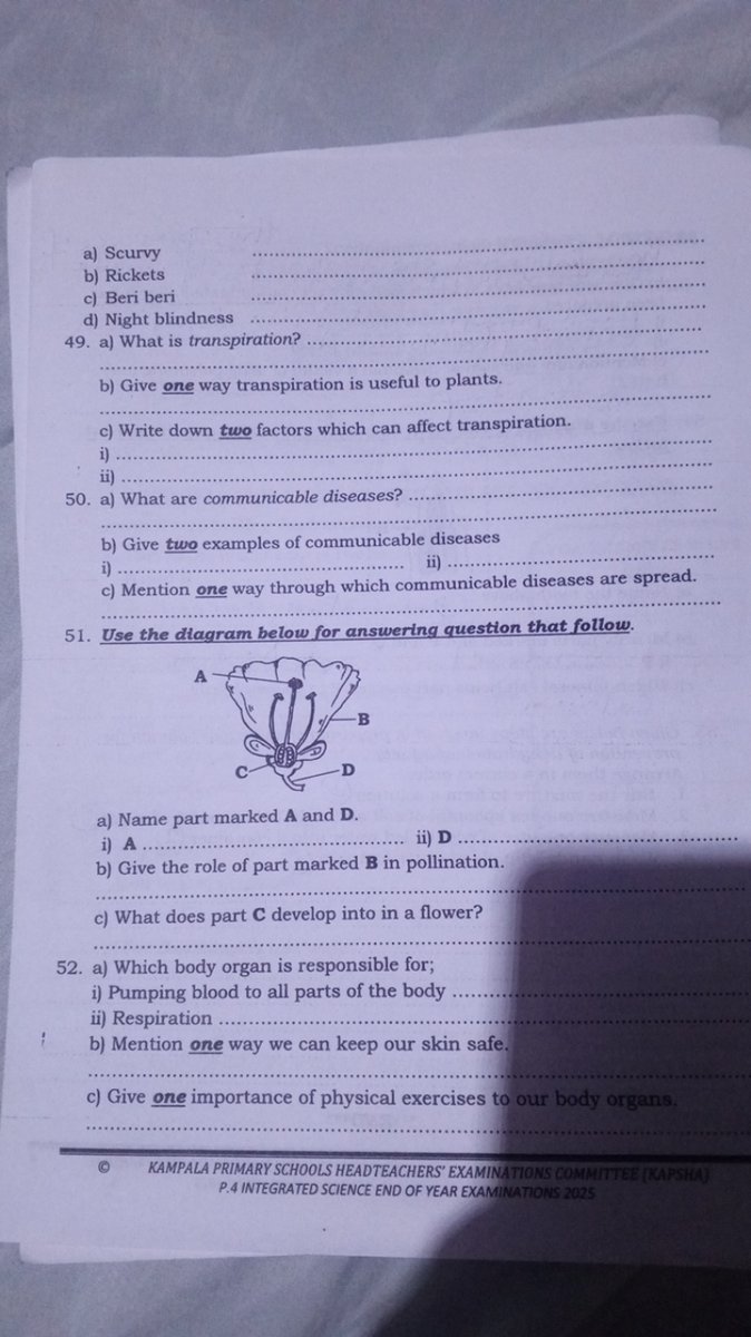 a) Scurvy b) Rickets c) Beri beri d) Night blindness a) What is transpir..