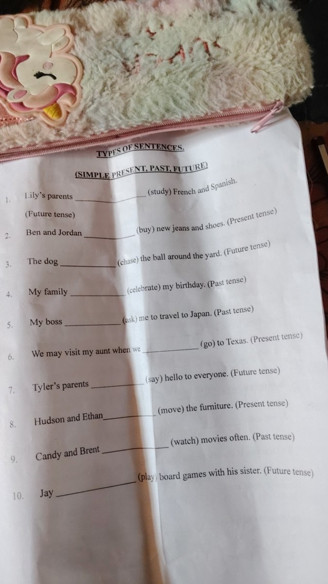 TYPES OF SENTENCES. (SIMPLE PRESENT, PAST, FUTURE) Lily's parents __ (st..