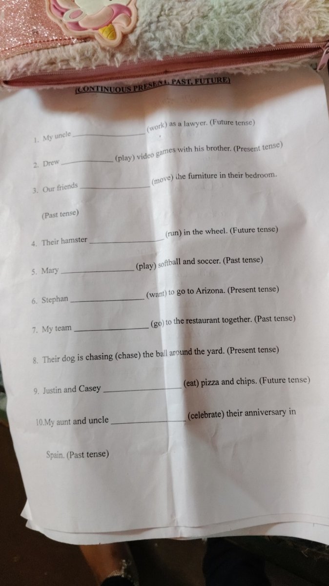 Fill in the blanks with the correct continuous tense (present, past, or f..
