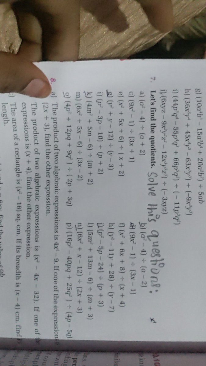 Let's find the quotients. Solve these questions: a) (a^2 - 4) \div (a + 2..