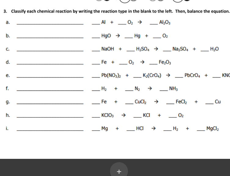 Classify each chemical reaction by writing the reaction type in the blank..