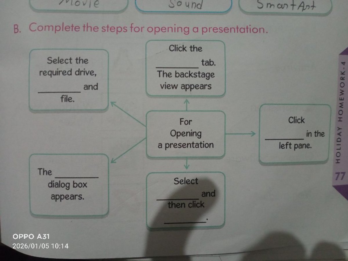 B. Complete the steps for opening a presentation. [Diagram showing steps..