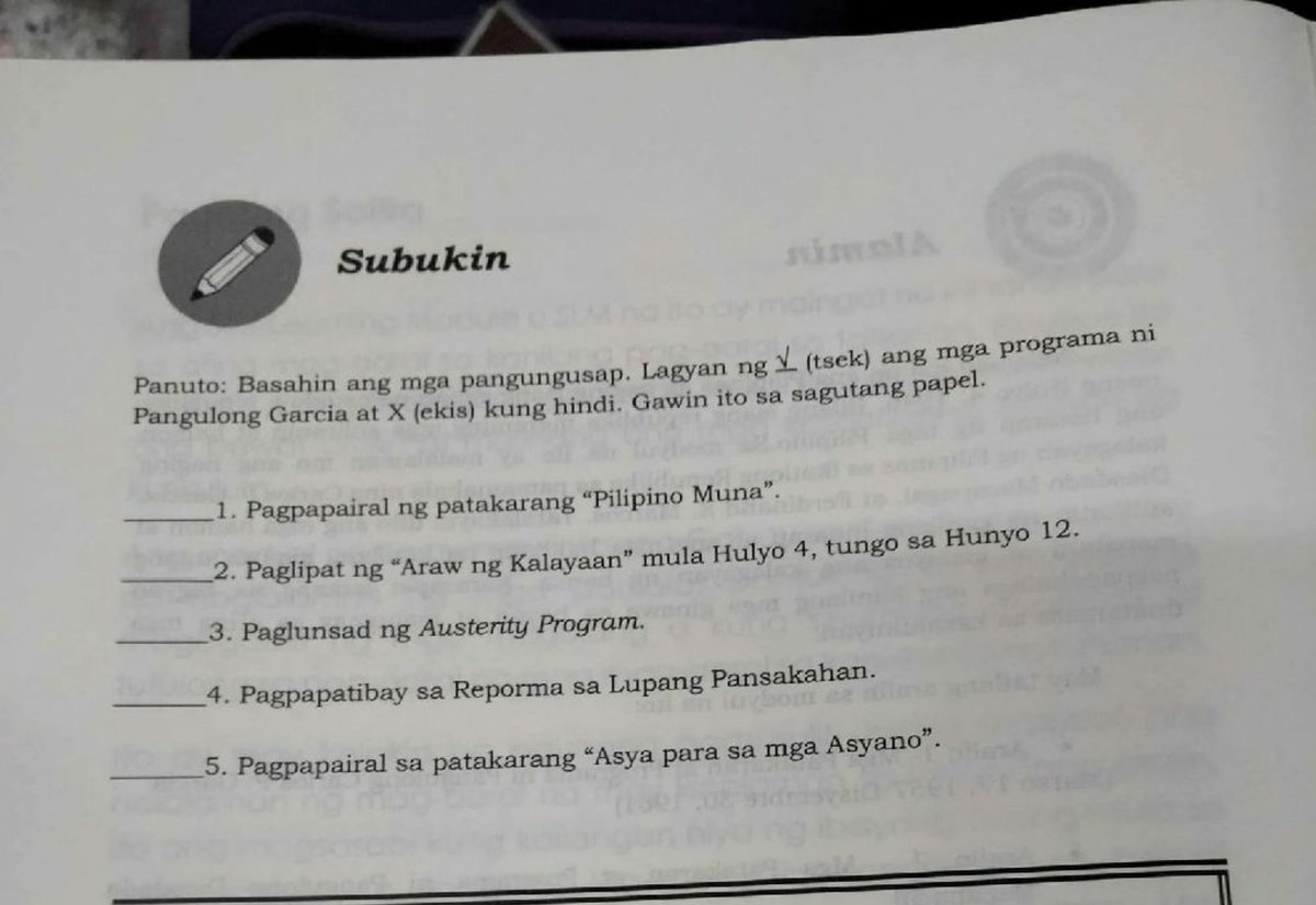 Subukin Panuto: Basahin ang mga pangungusap. Lagyan ng (tsek) ang mga