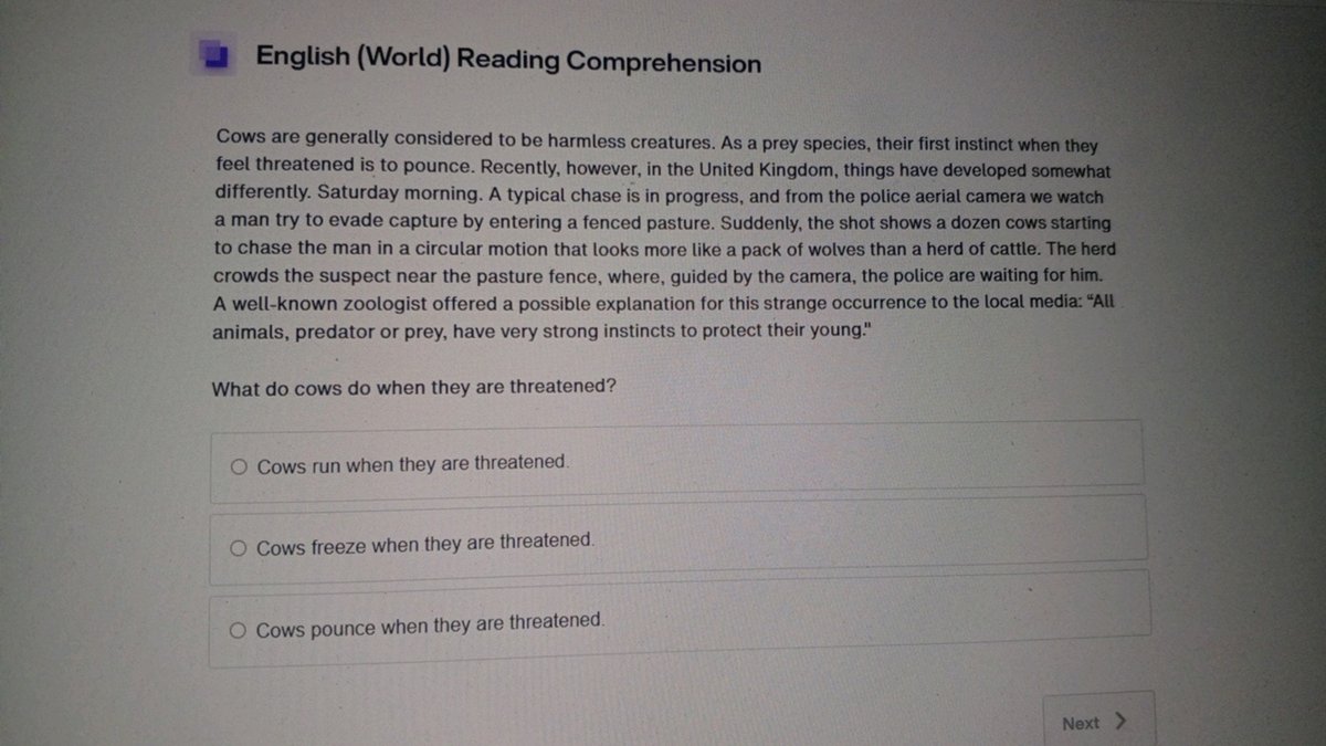 English (World) Reading Comprehension Cows are generally considered to b..