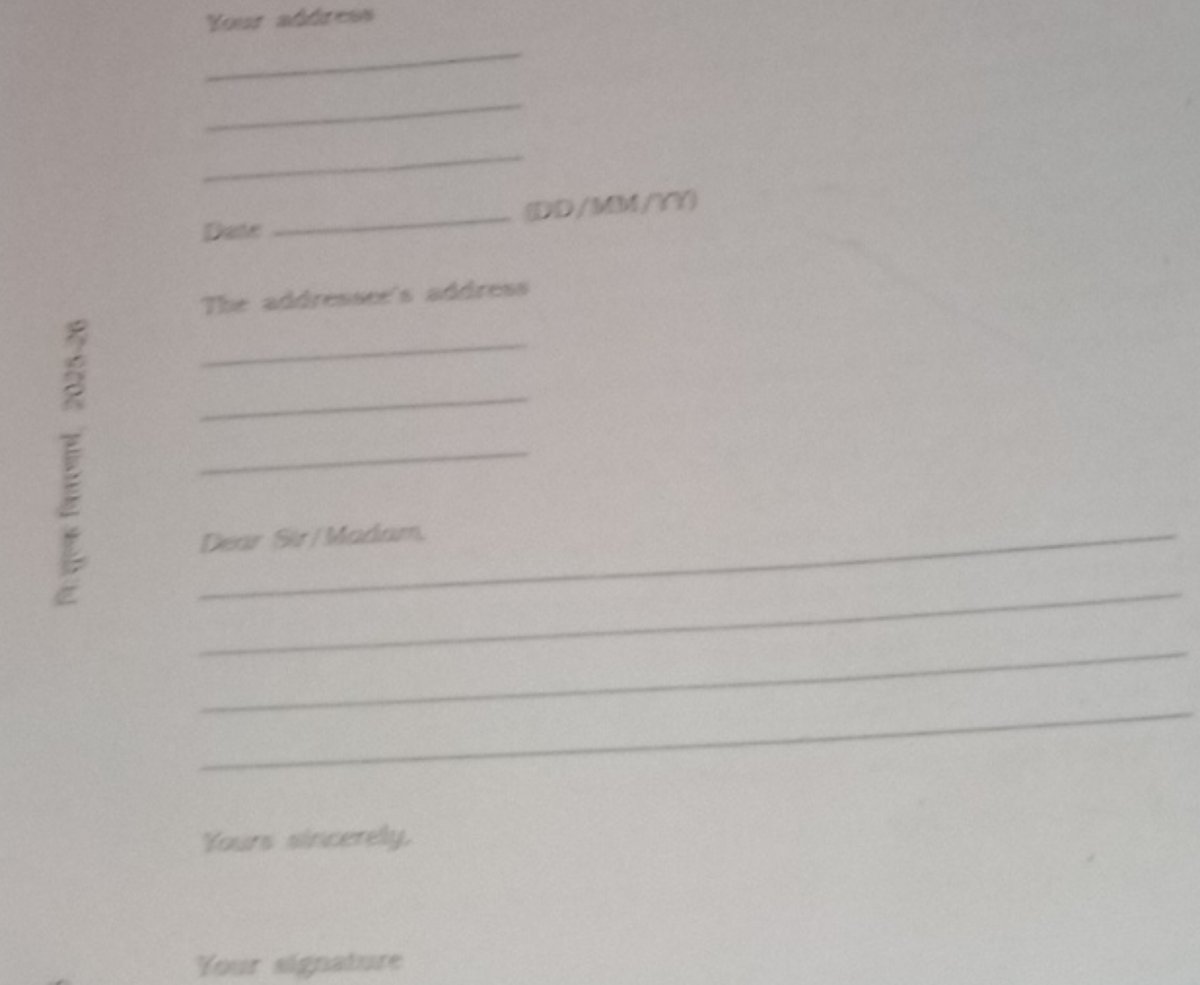 The image shows a template for a formal letter, including sections for: