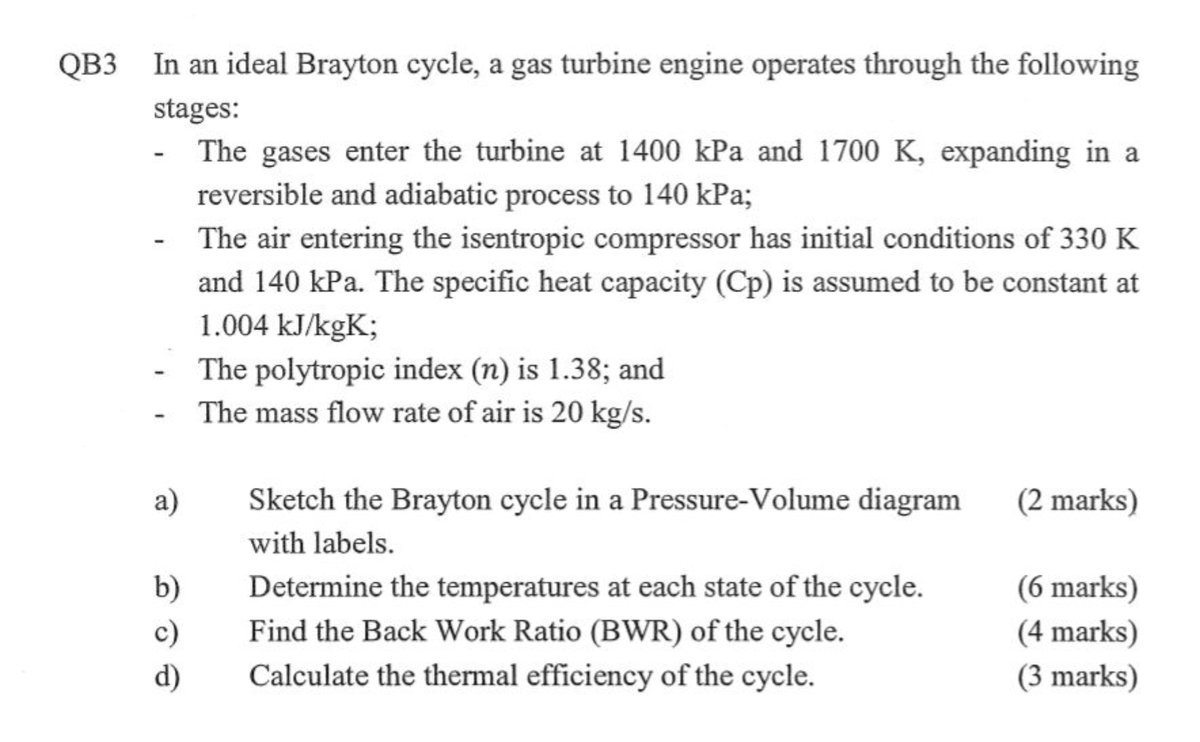 QB3 In an ideal Brayton cycle, a gas turbine engine operates through the