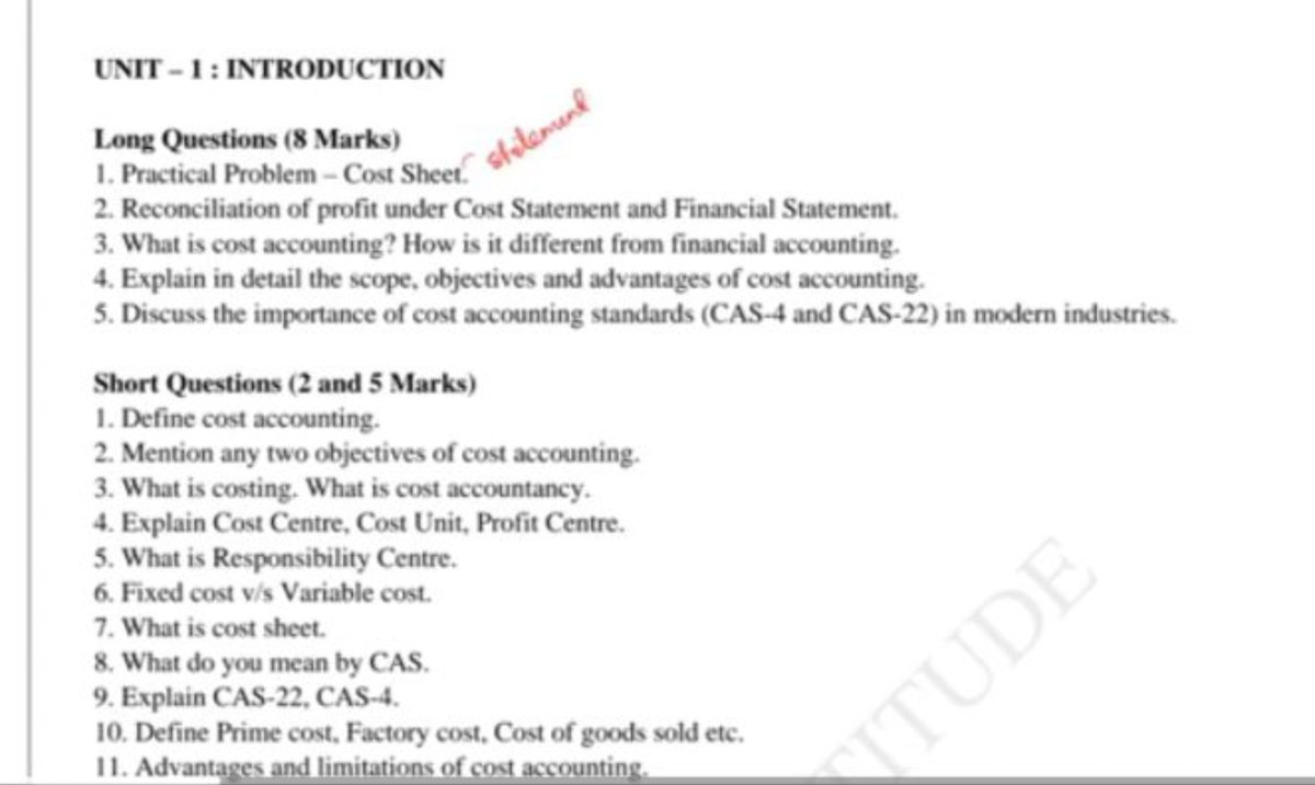 UNIT – 1: INTRODUCTION Long Questions (8 Marks) Practical Problem – Cost..