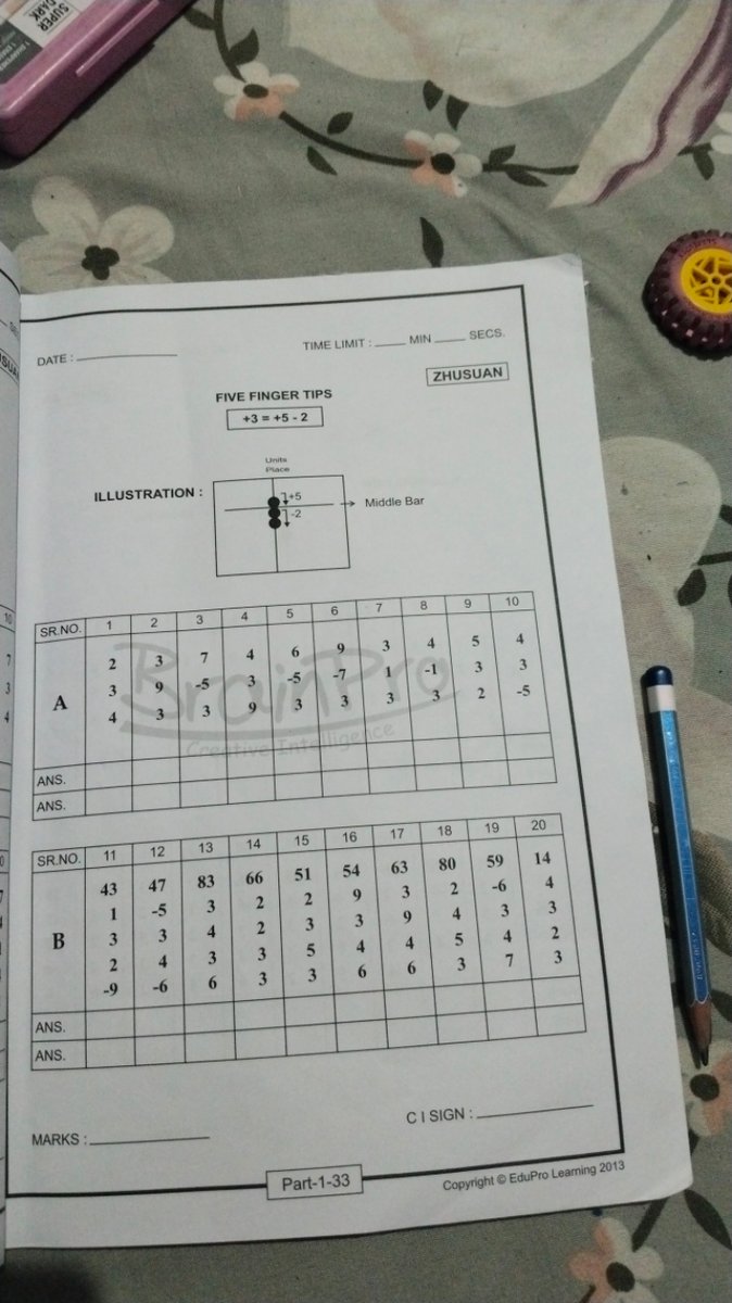 Solve the following Zhusuan (abacus) problems: FIVE FINGER TIPS +3 = +5