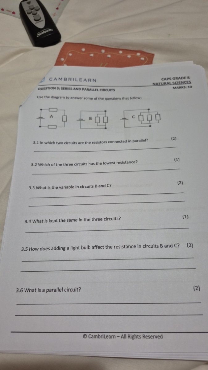 QUESTION 3: SERIES AND PARALLEL CIRCUITS Use the diagram to answer some