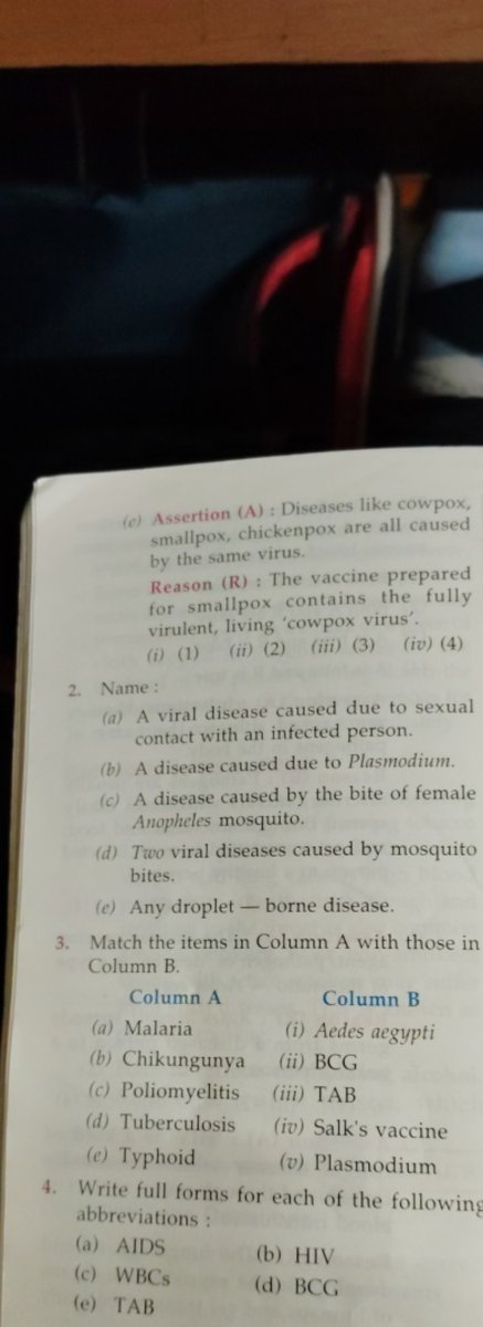 Assertion (A): Diseases like cowpox, smallpox, chickenpox are all caused