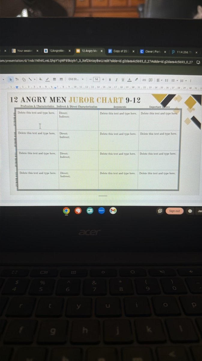 The image displays a '12 ANGRY MEN JUROR CHART 9-12' with columns for 'Pr..