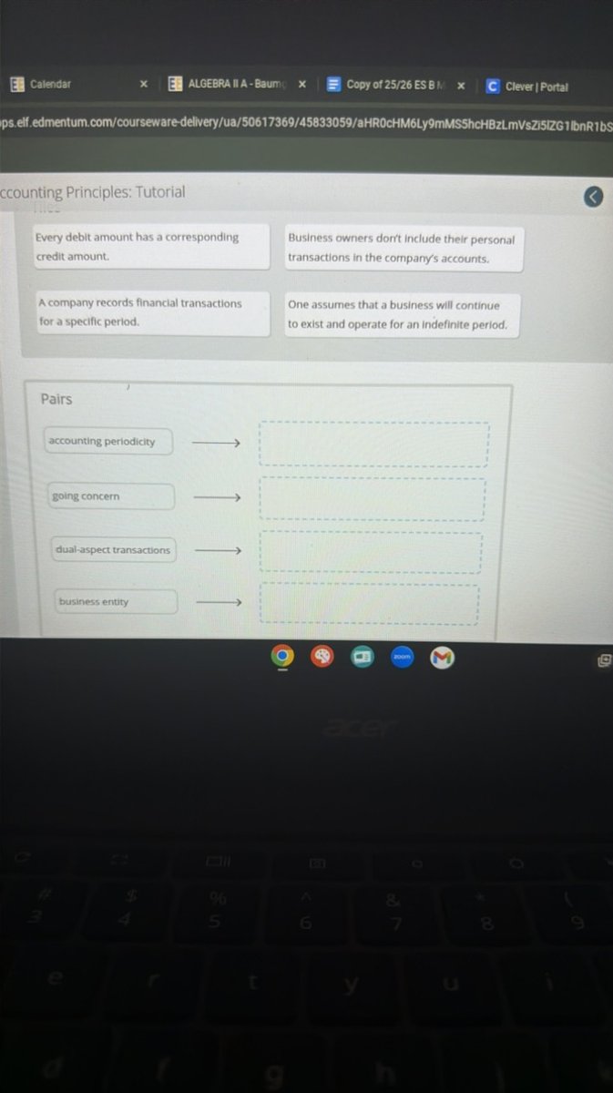 Match the accounting principles with their descriptions: Pairs accounti..