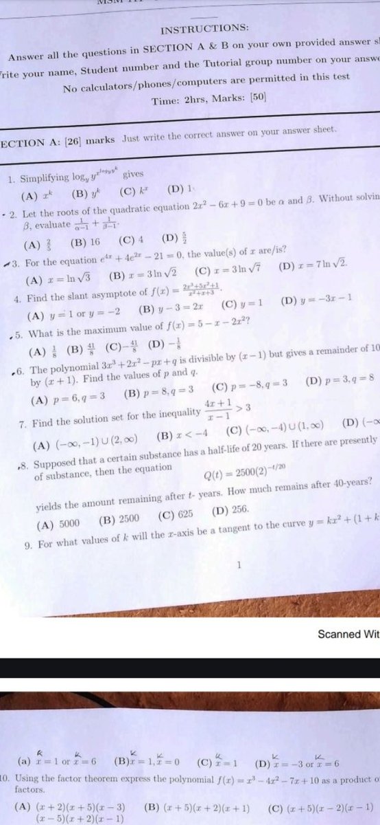 Here are 10 multiple choice questions from a mathematics exam. Please pro..