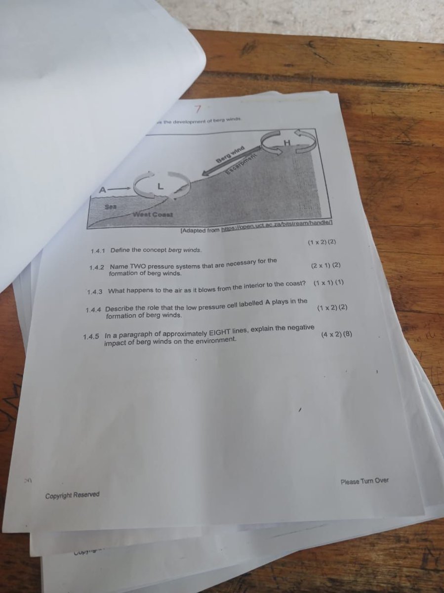 1.4.1 Define the concept berg winds. 1.4.2 Name TWO pressure systems tha..