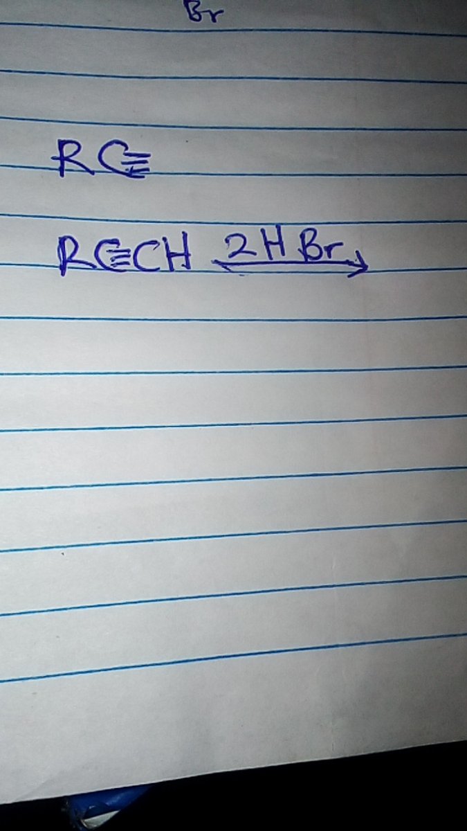 What is the product of the following reaction? RC\equiv CH + 2HBr \right..