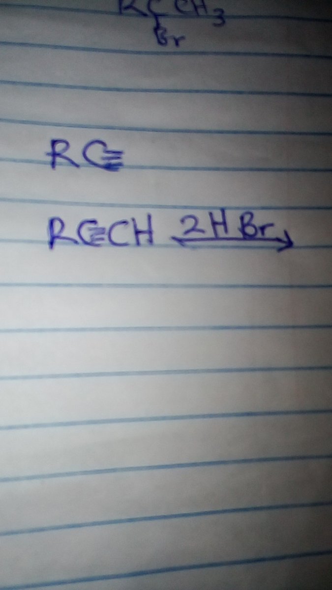 The image shows the following chemical reactions: R-C(Br)CH₃ R-C≡ R-C≡CH..