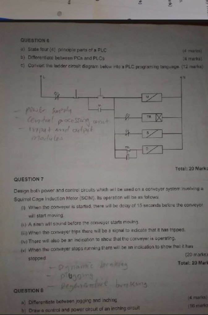 QUESTION 6 a) State four (4) principle parts of a PLC (4 marks) b) Differ..