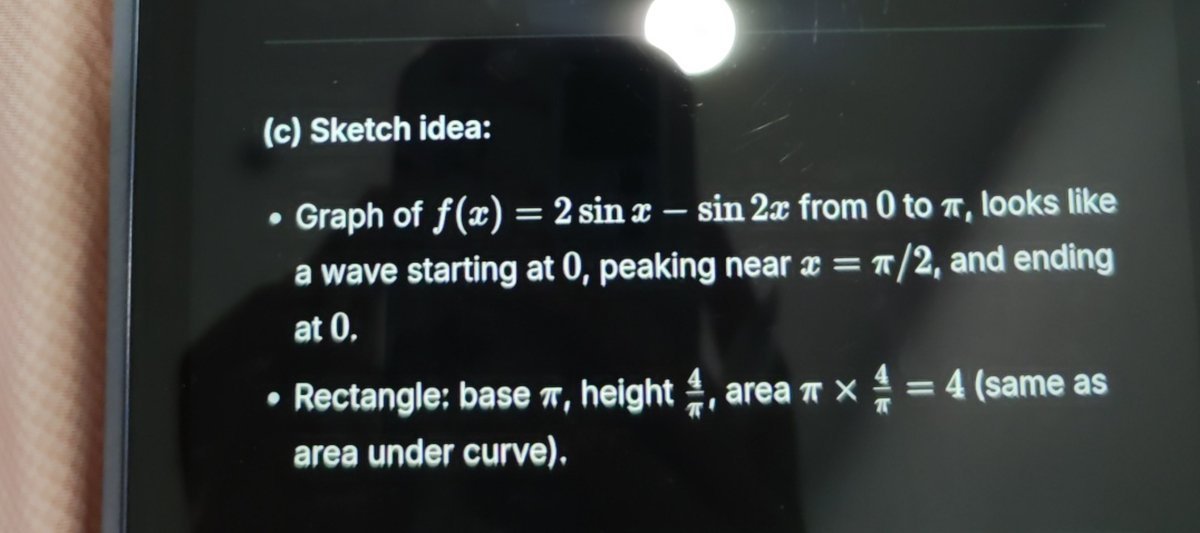 (c) Sketch idea: Graph of f(x) = 2 \sin x - \sin 2x from 0 to \pi, looks..
