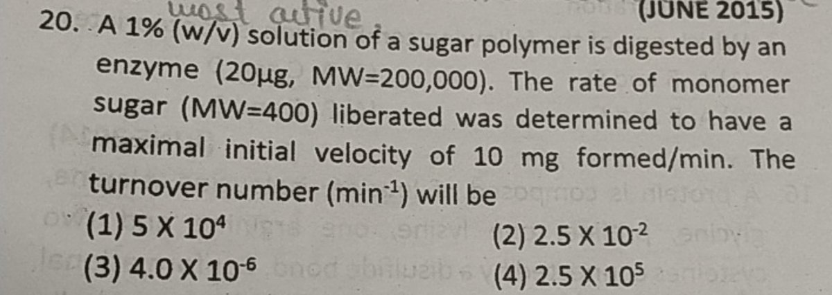 A 1% (w/v) solution of a sugar polymer is digested by an enzyme (20µg, MW..
