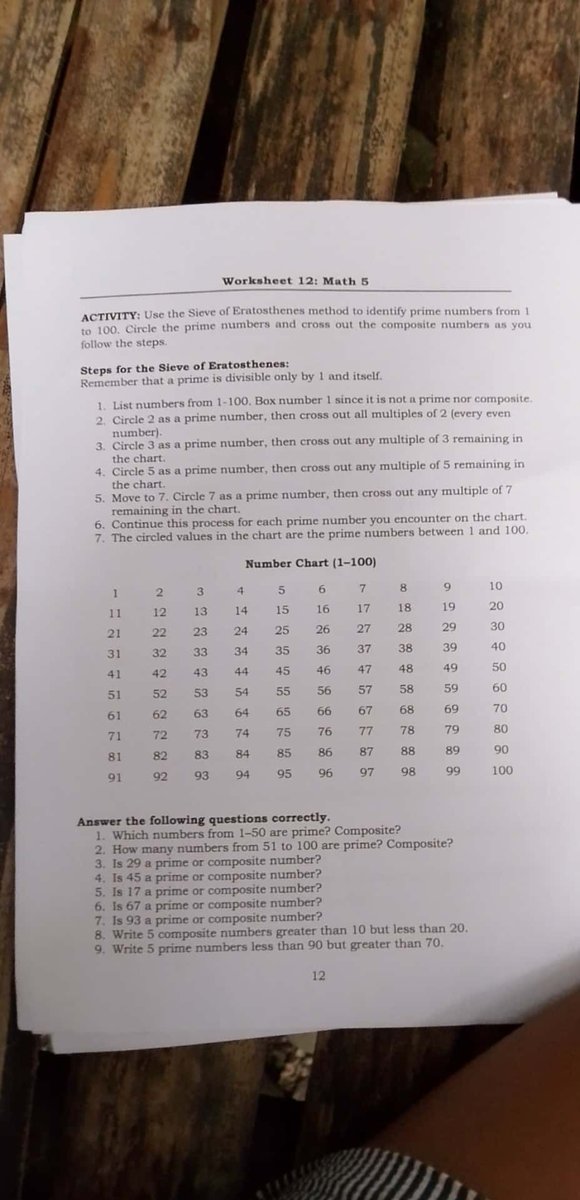 Worksheet 12: Math 5 ACTIVITY: Use the Sieve of Eratosthenes method to id..