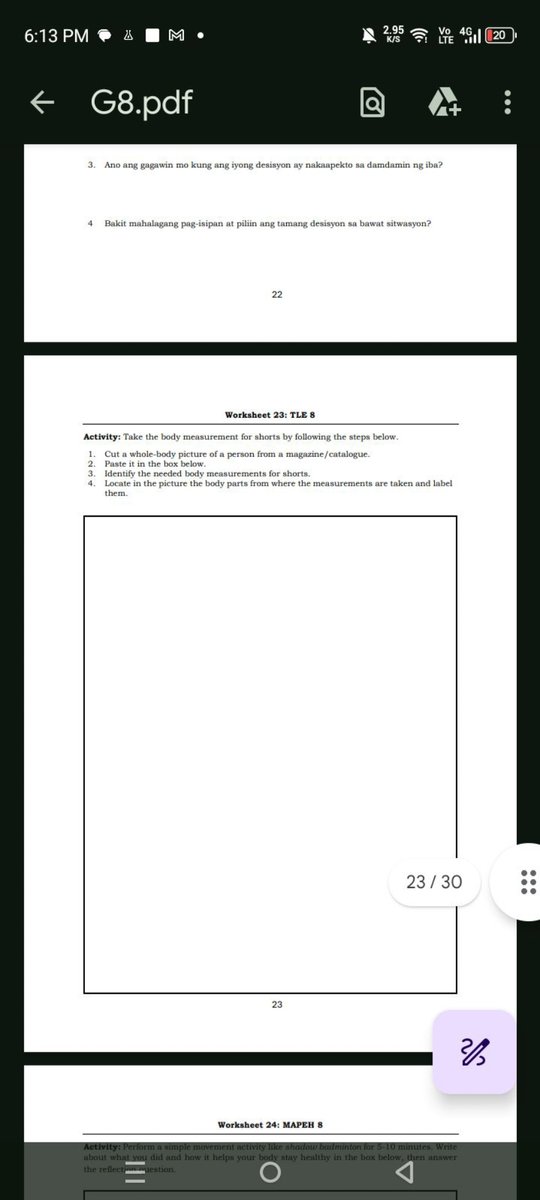 Worksheet 23: TLE 8 Activity: Take the body measurement for shorts by fo..