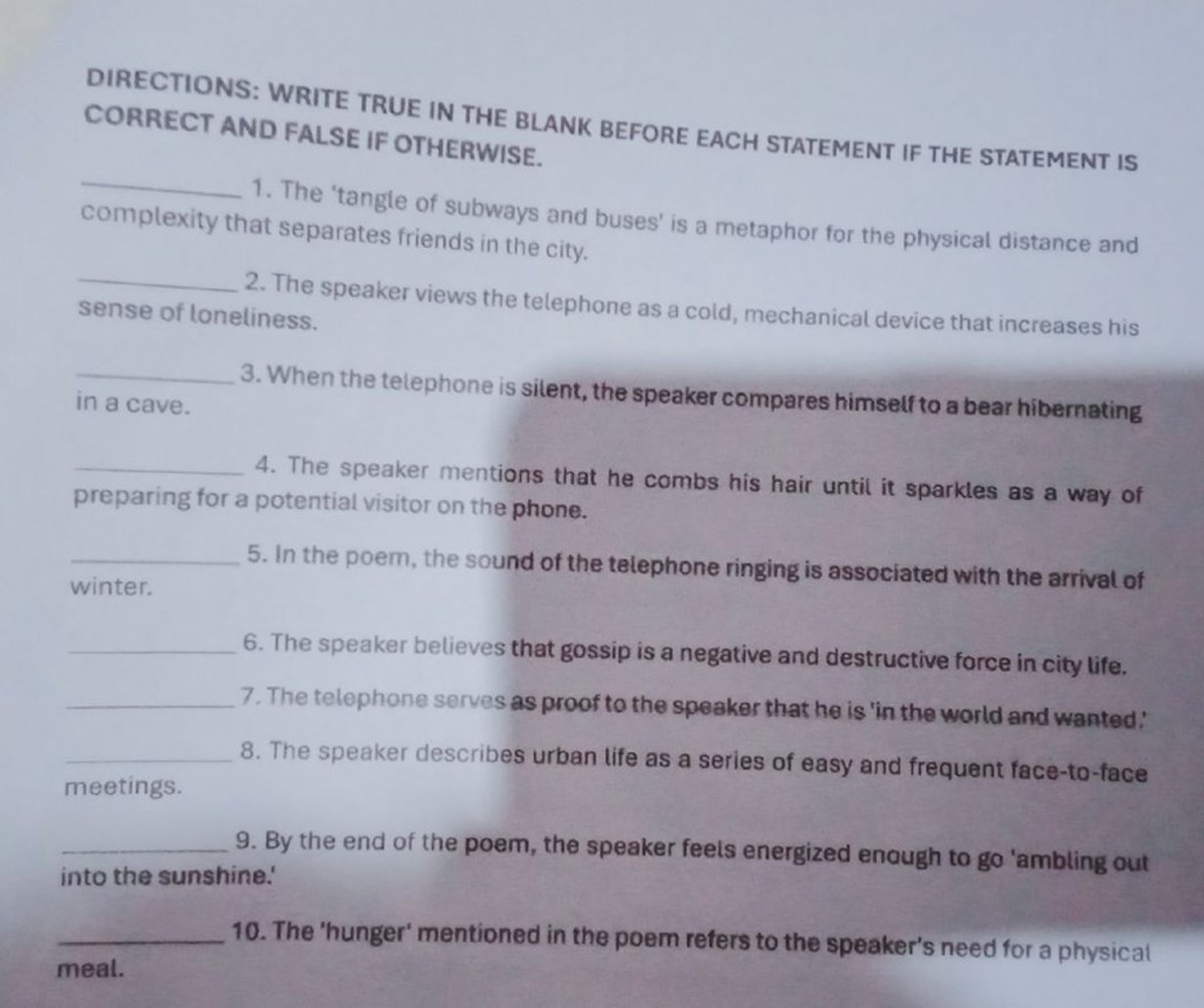 DIRECTIONS: WRITE TRUE IN THE BLANK BEFORE EACH STATEMENT IF THE STATEMEN..
