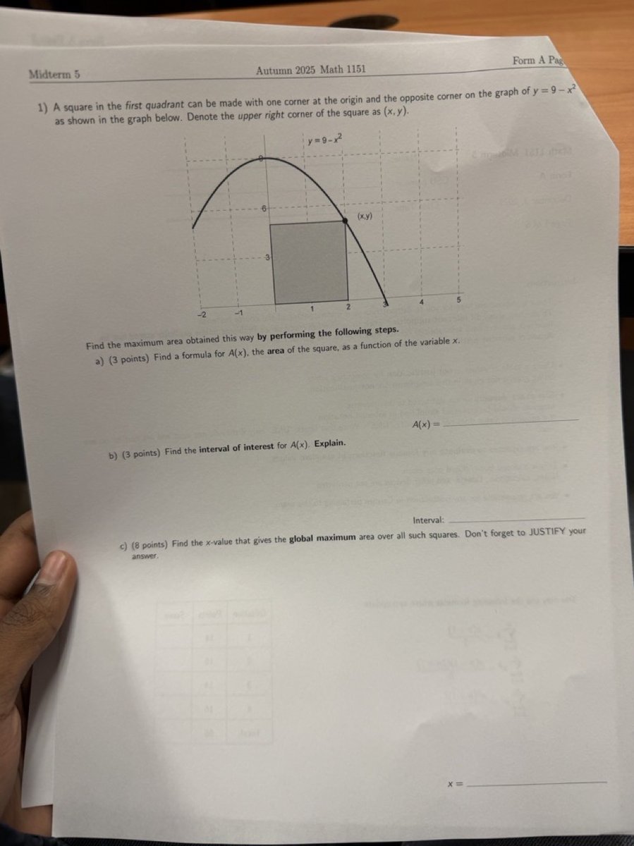 Midterm 5 Autumn 2025 Math 1151 Form A Pag 1) A square in the first quadr..