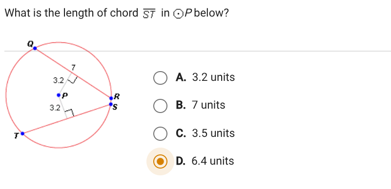 What is the length of chord \overline{ST} in \odot P below? (Diagram sho..