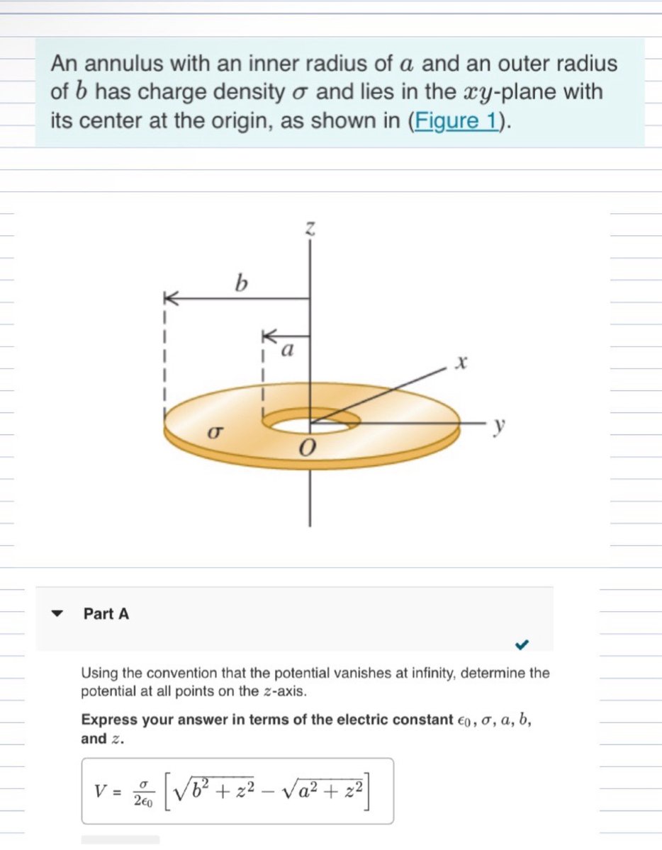 An annulus with an inner radius of a and an outer radius of b has charge