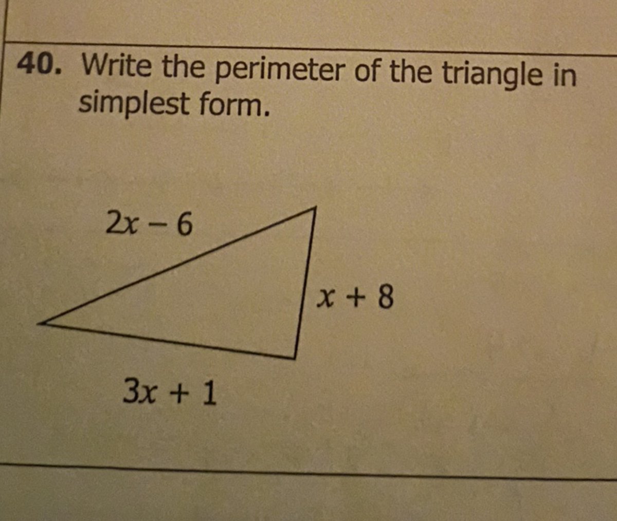 Write the perimeter of the triangle in simplest form. (The triangle has