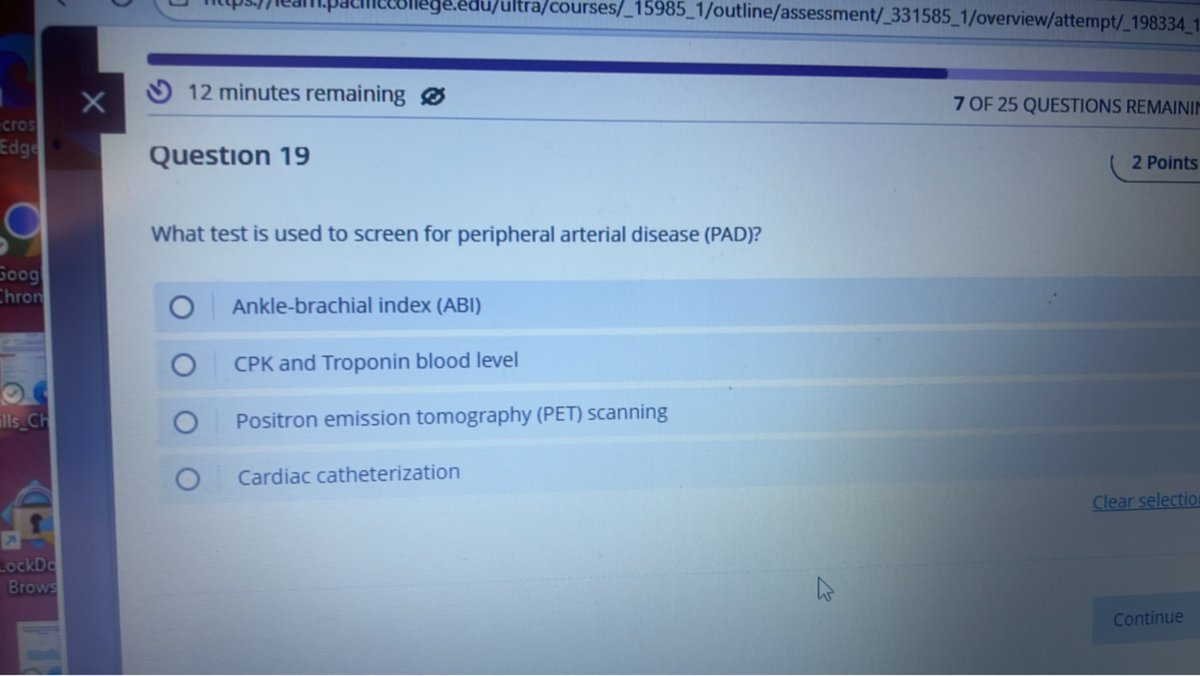 What test is used to screen for peripheral arterial disease (PAD)? A. An..