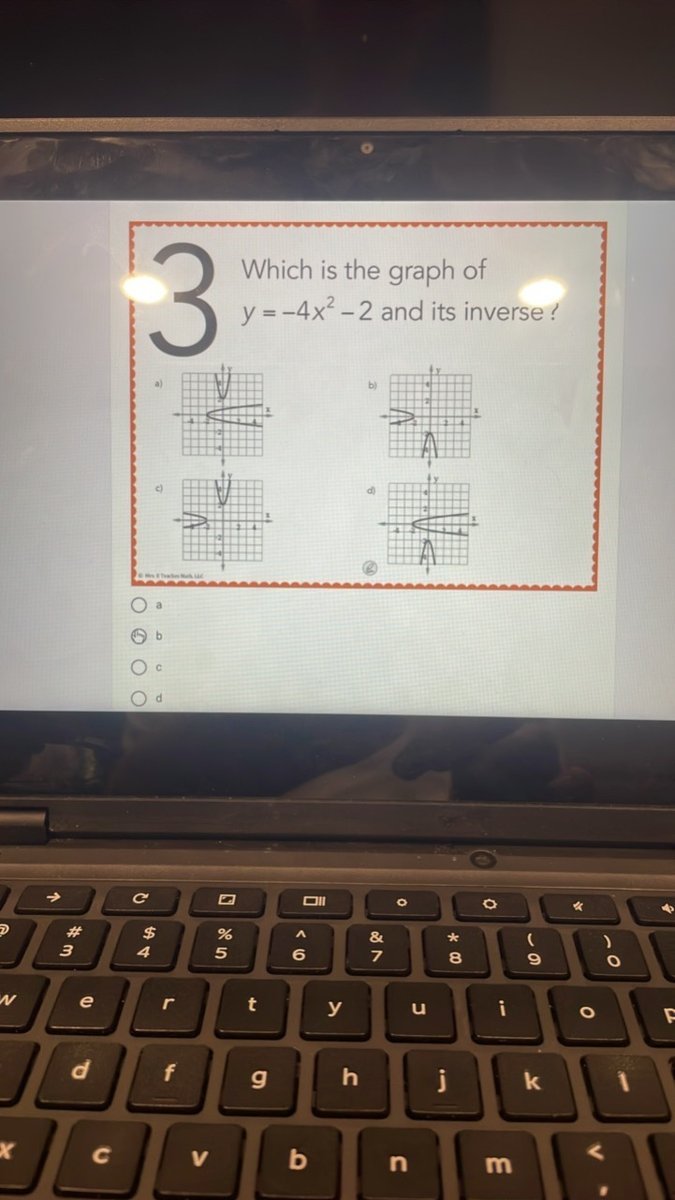Which is the graph of y = -4x^2 - 2 and its inverse? [Image of four grap..