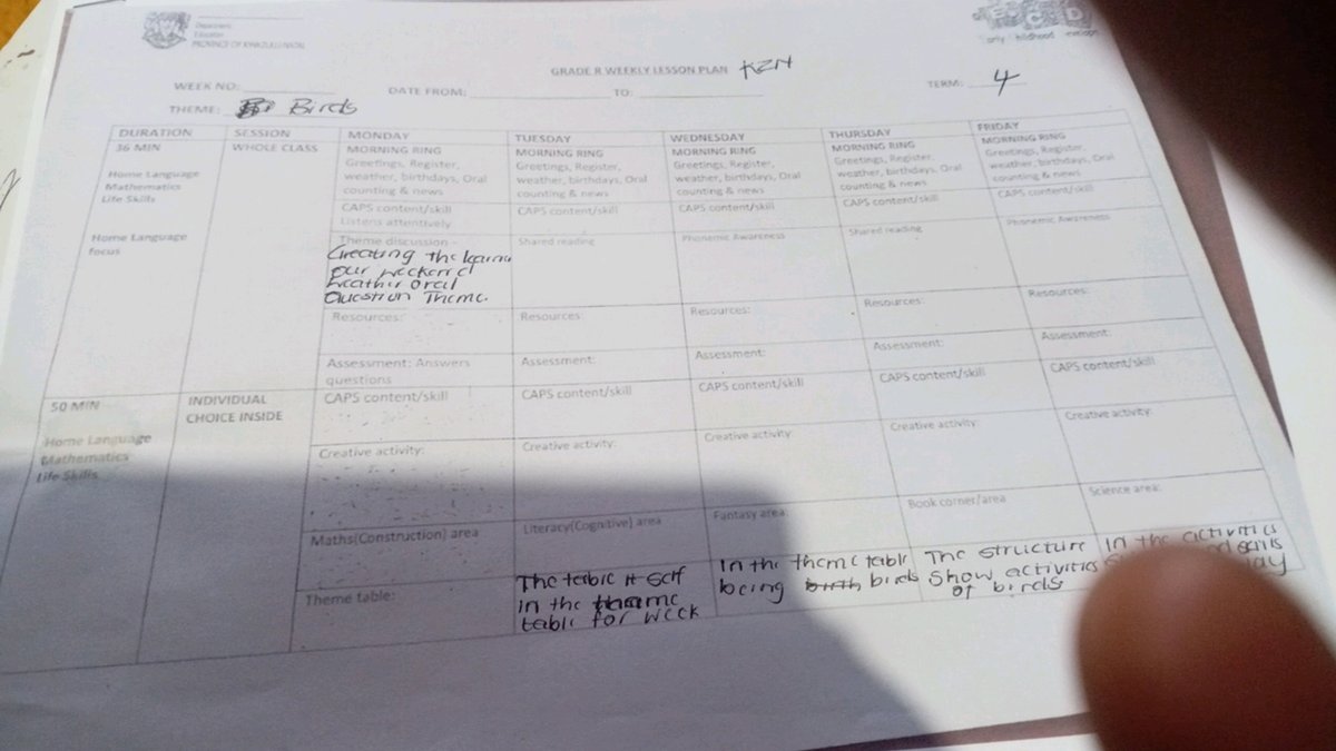 The provided image is a Grade R Weekly Lesson Plan for KZN, Term 4, with