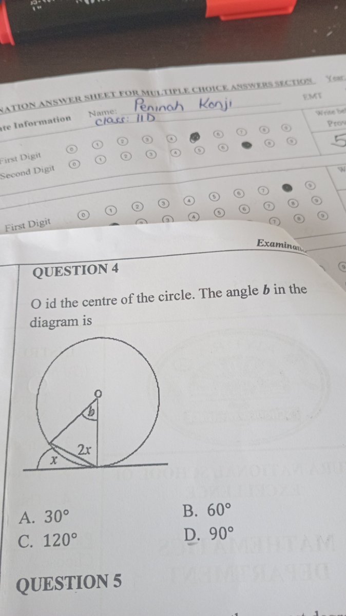 O is the centre of the circle. The angle b in the diagram is (Diagram sh..