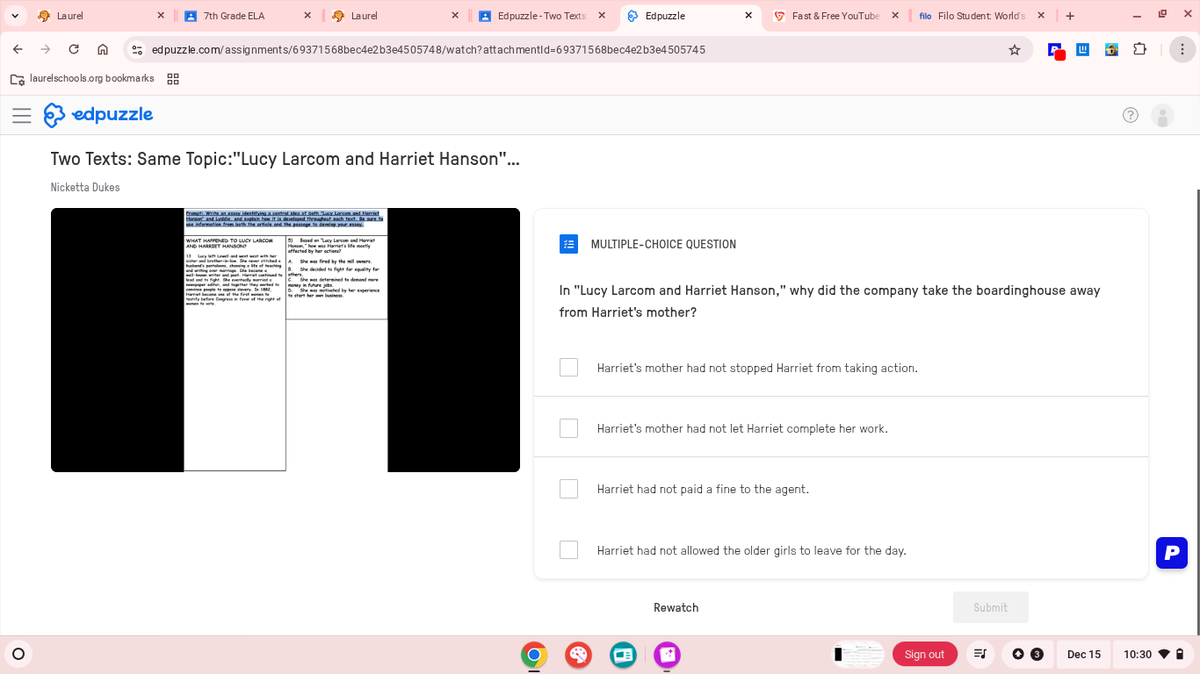 In "Lucy Larcom and Harriet Hanson," why did the company take the boardin..