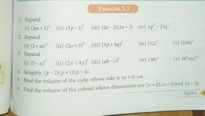 Exercise 3.3 Expand (i) (3m+5)^2 (ii) (5p-1)^2 (iii) (2n-1)(2n+..
