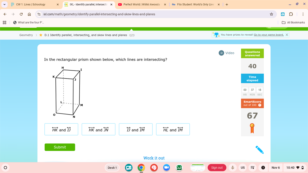 In the rectangular prism shown below, which lines are intersecting? [Dia..