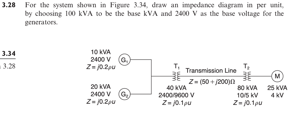 For the system shown in Figure 3.34, draw an impedance diagram in per uni..
