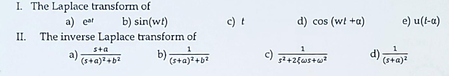 I. The Laplace transform of a) e^{at} b) \sin(\omega t) c) t d) \cos(\ome..
