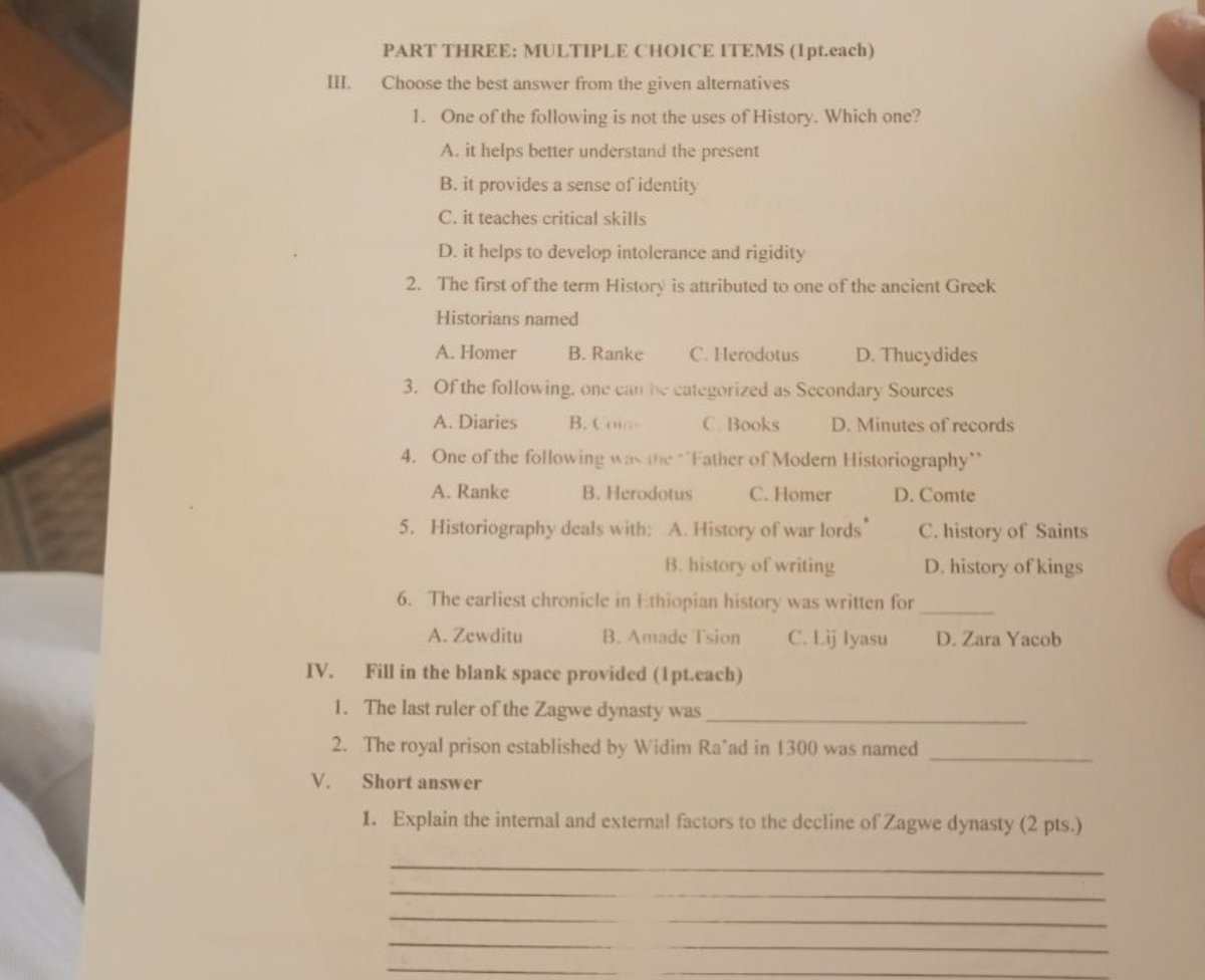 PART THREE: MULTIPLE CHOICE ITEMS (1pt.each) III. Choose the best answer