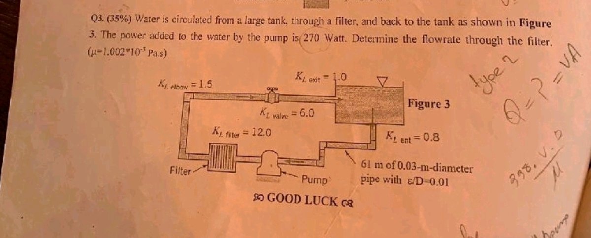 Q3. (35%) Water is circulated from a large tank, through a filter, and ba..